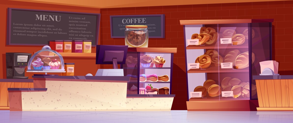 Bakery shop interior with counter cartoon Vector Image