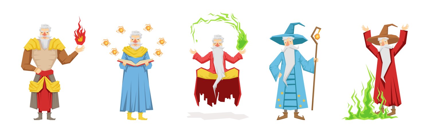 Different wizard male character in robe do spell Vector Image
