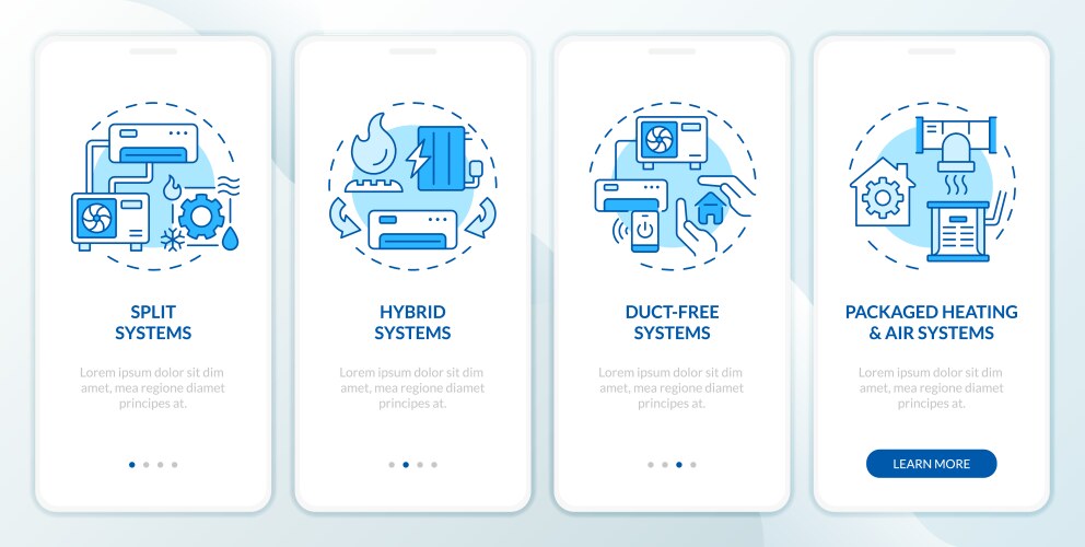Types of hvac systems onboarding mobile app screen