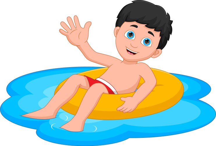 Boy cartoon floating on an inflatable circle in th