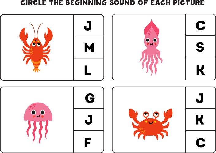 Worksheet for kids find the beginning sound Vector Image