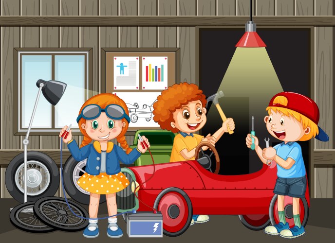 Garage scene with children fixing a car together Vector Image