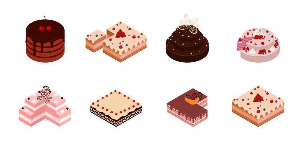 Isometric cakes chocolate cake slice delicious Vector Image