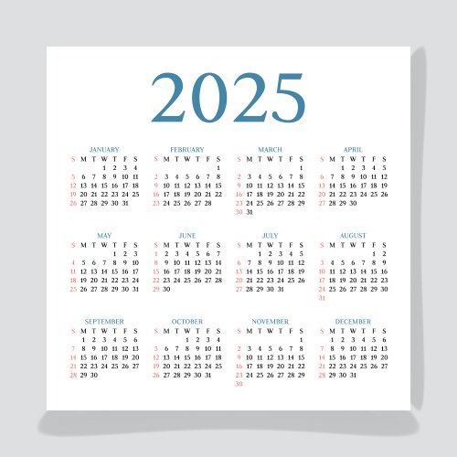 Calendar for 2025 year calender grid yearly Vector Image