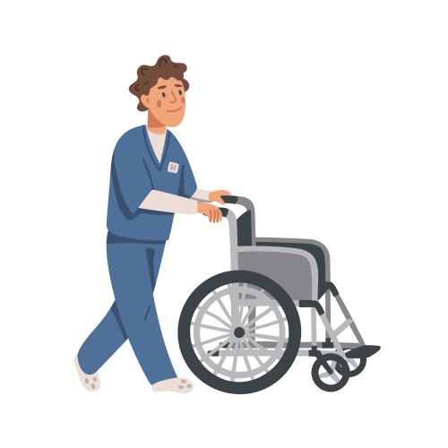 Cartoon smiling nurse helping woman in wheelchair Vector Image