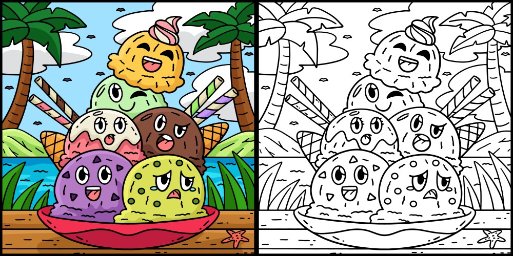 Ice cream on the beach summer coloring page Vector Image
