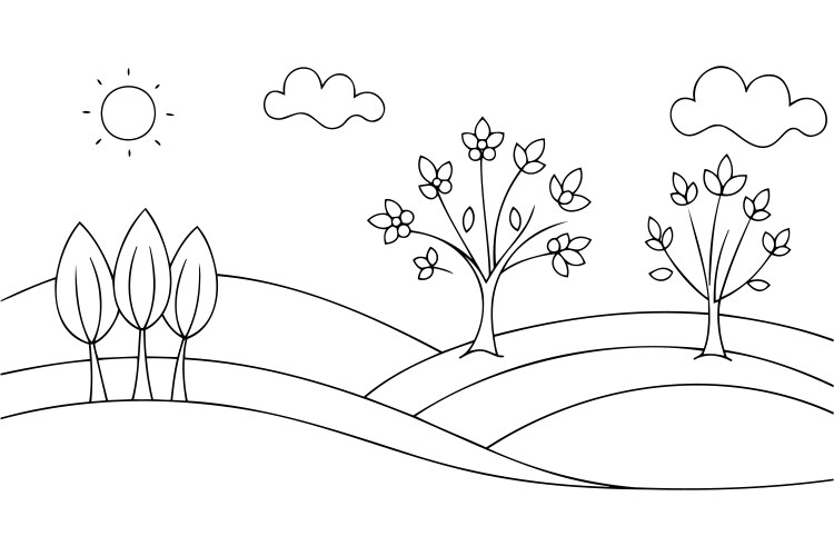 Spring landscape with big tree continuous line art