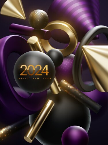 Gold number 2024 and abstract geometric 3d shapes Vector Image