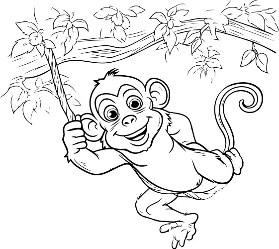 Monkey in the jungle black and white for coloring Vector Image