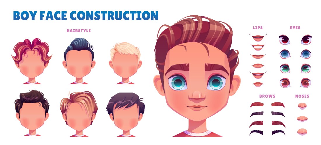 Cartoon boy character face creation set Royalty Free Vector
