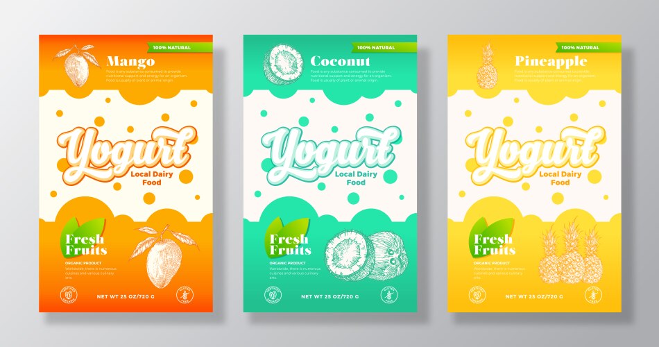 Mango cherry strawberry blueberry yogurt label Vector Image