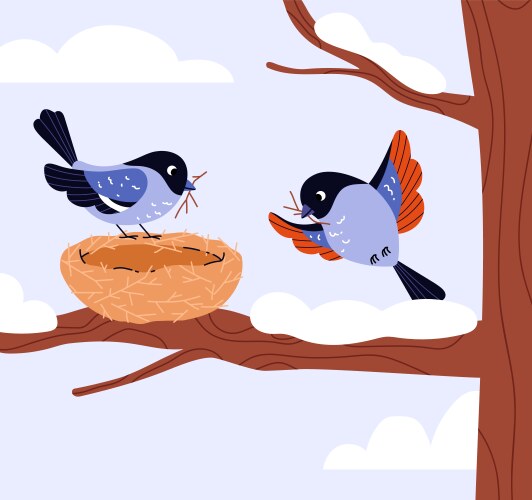 Birds building nest teamwork Royalty Free Vector Image