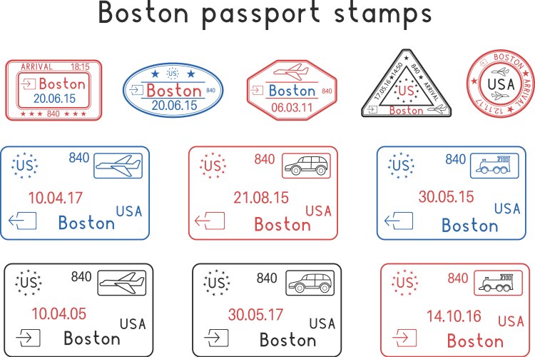 Passport stamps arrival to usa cities black set Vector Image