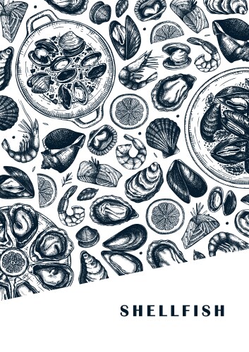 Seafood a5 flyer design hand drawn fish shellfish Vector Image