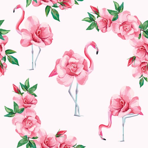 Pink flamingo jungle seamless white background Vector Image