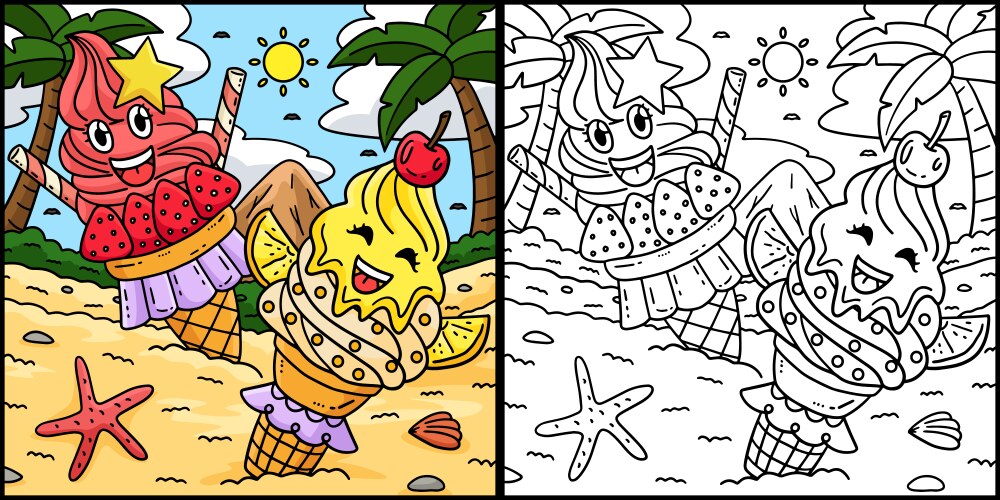 Ice cream on the beach summer coloring page Vector Image