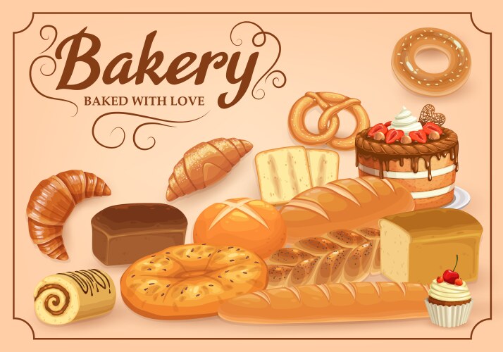 Bakery shop assortment with bread and cakes set Vector Image