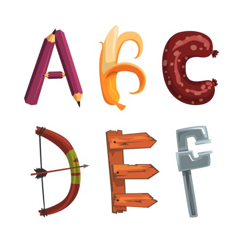 Alphabet with various objects stuvwx Royalty Free Vector