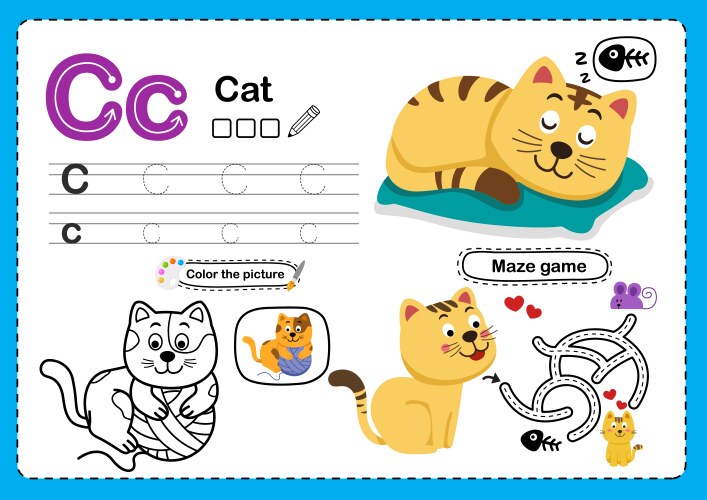 Alphabet letter c-cat exercise with cartoon Vector Image