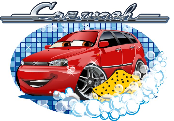 Cartoon funny car washing with water pipe and spon