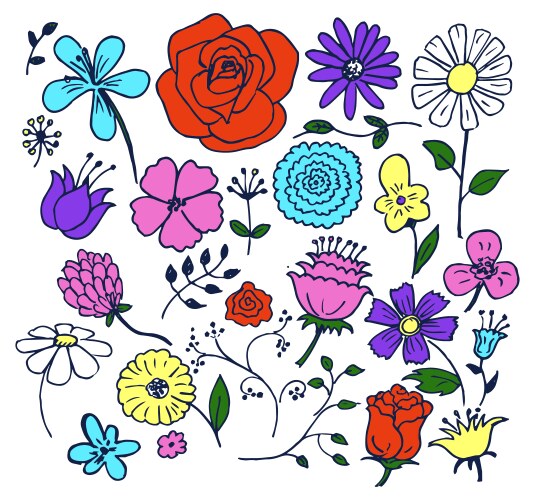 Isolated set flowers in many colors Royalty Free Vector