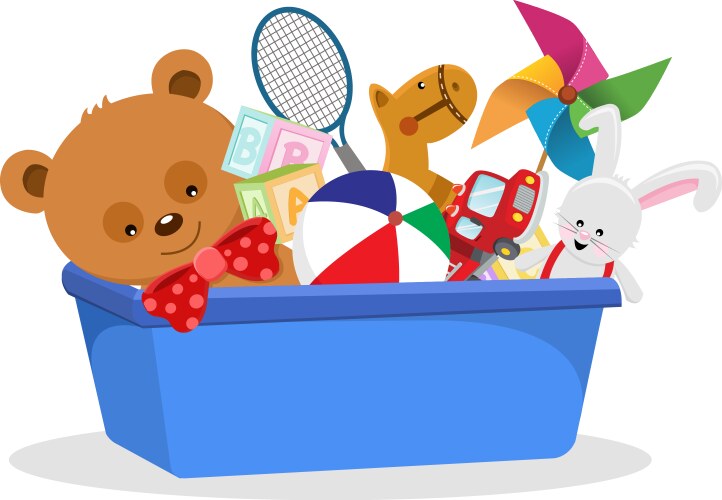 Kids toys box toy kid child play game bear Vector Image