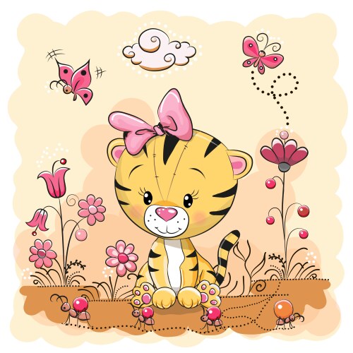 Cartoon tiger with a floral wreath Royalty Free Vector Image