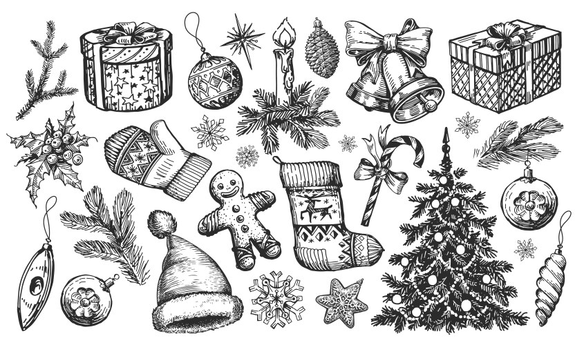 Christmas object set hand drawn Royalty Free Vector Image