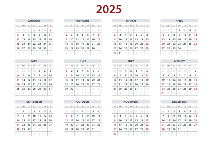 Quarter calendar template for 2025 year wall Vector Image Quarter calendar template for 2025 year wall Vector Image