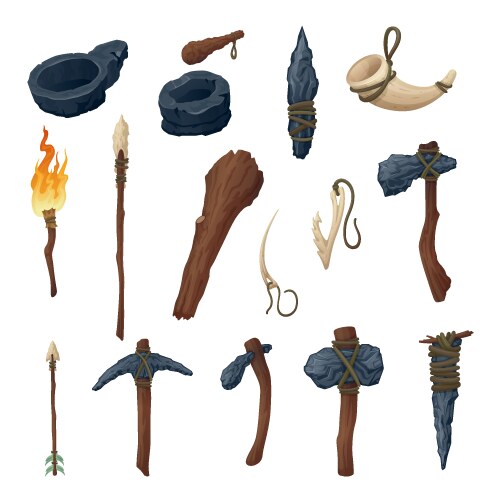Primitive stone age people flat icon set Vector Image