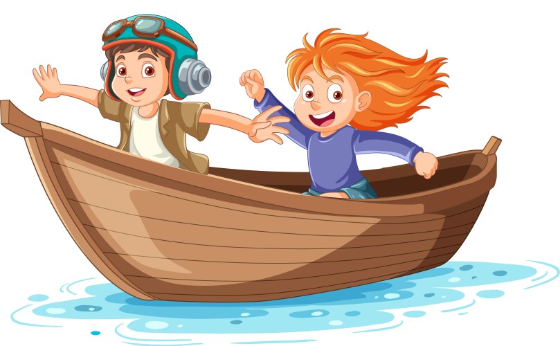 Kid on wooden boat in cartoon style Royalty Free Vector