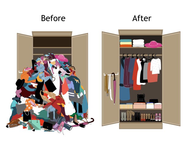 Before untidy and after tidy wardrobe messy Vector Image