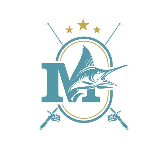 Golden logo letter m marlin fish icon Royalty Free Vector