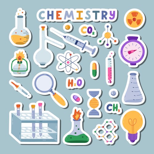 Cute sticker set with cartoon chemistry science Vector Image