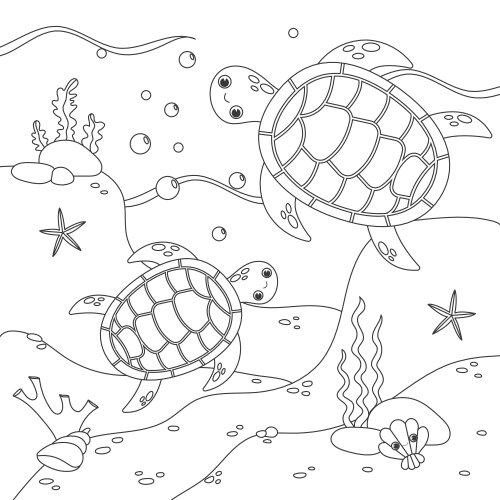Children coloring underwater world turtle swims Vector Image