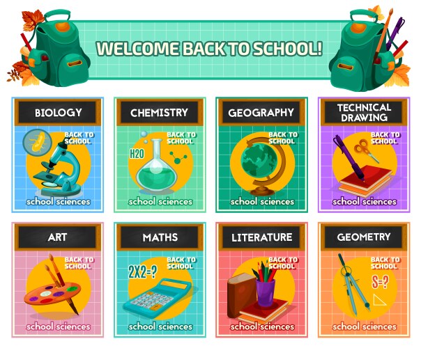 Labels with names and icons school subjects Vector Image