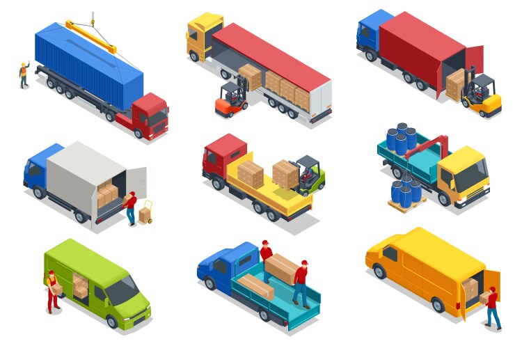 Isometric forklift tractor loading package boxes Vector Image