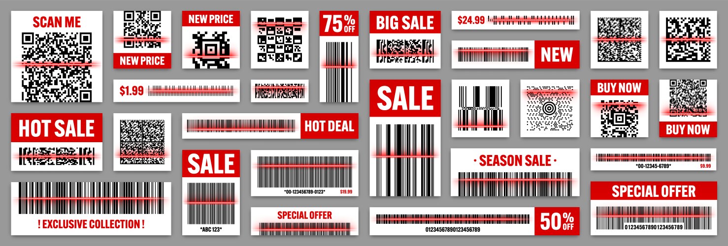 Product barcodes and qr codes with red scanning Vector Image