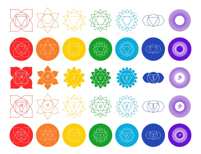 Chakra set line art symbols meditation Royalty Free Vector