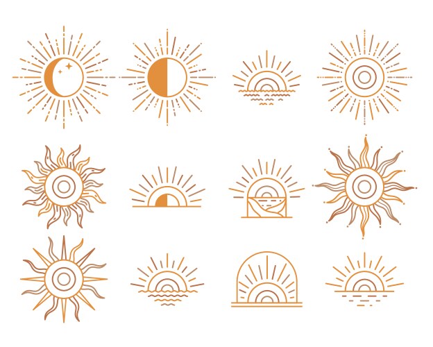 Line sunset and sun shine with rays logo elements Vector Image