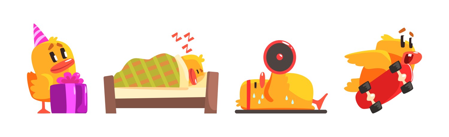 Funny chick character in different activity Vector Image