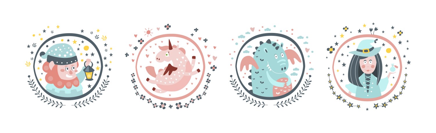 Cute fairytale round sticker with character Vector Image