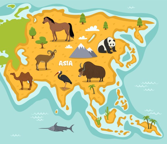 Asia mainland cartoon map with fauna species Vector Image