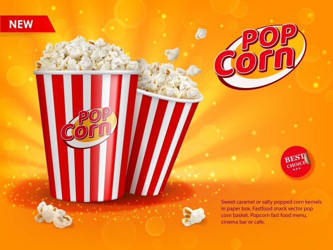 Crunchy popcorn snack ad poster with striped Vector Image