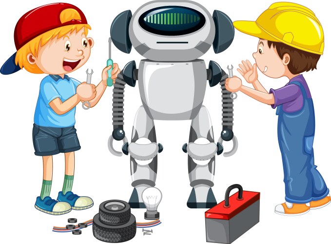 Children fixing a robot together on white Vector Image