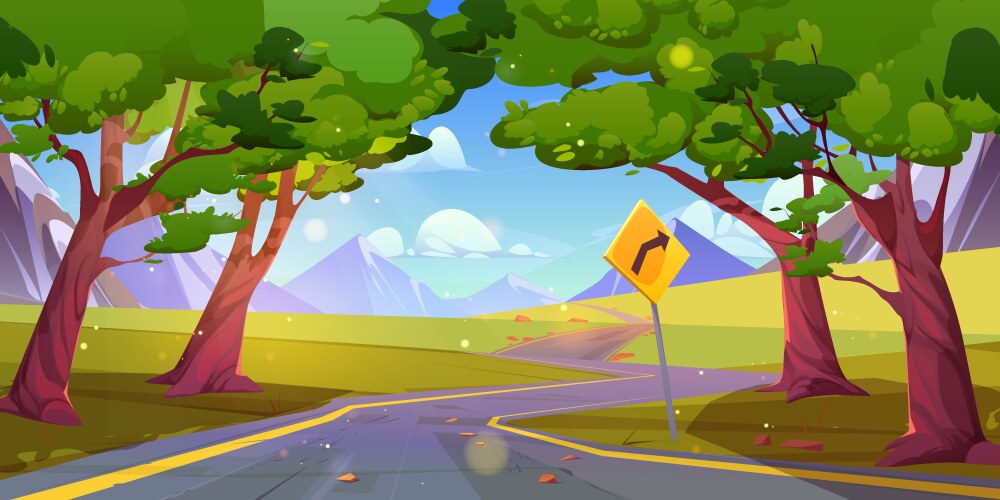 Cartoon of forest scene with dirt road Royalty Free Vector