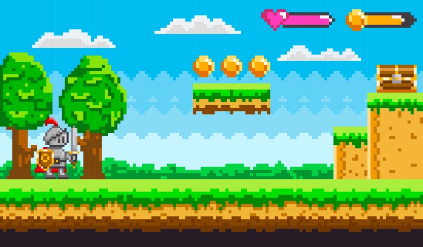 Pixel art game scene with trees bushes benches Vector Image