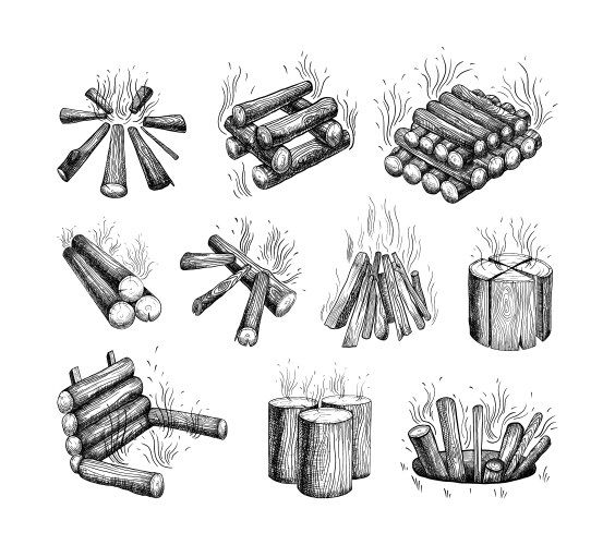 Firewood pile ink sketch set logs twigs Royalty Free Vector