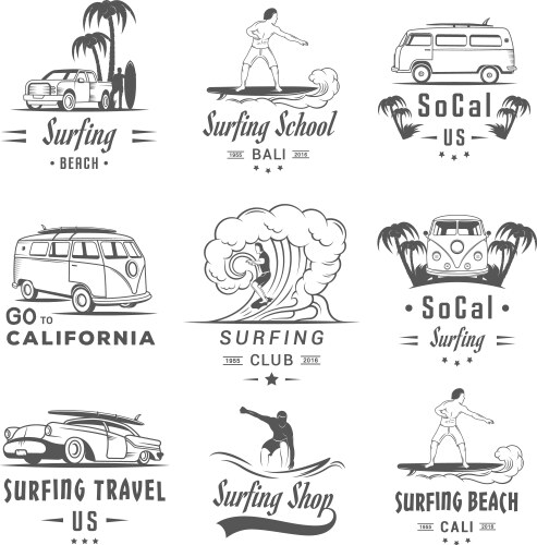 Set of vintage surfing labels with - surfboard Vector Image
