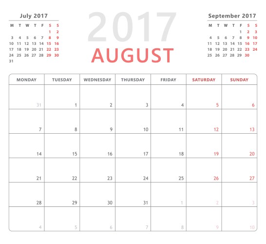 August monthly calendar for 2020 year Royalty Free Vector